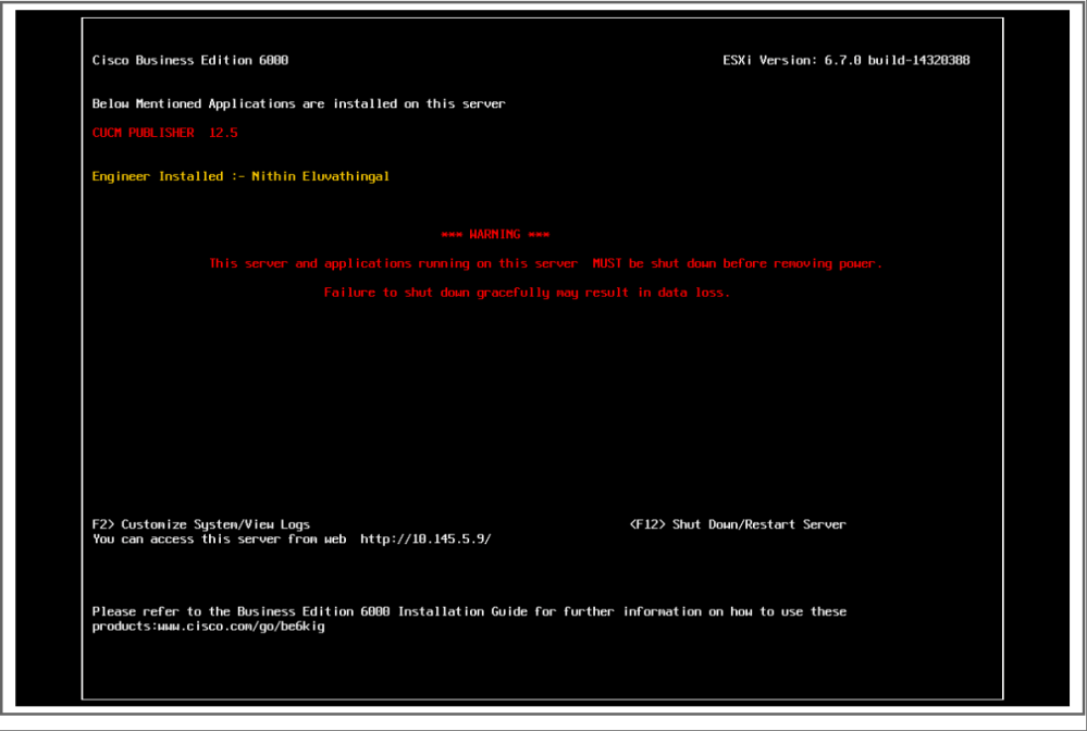 Welcome message for the Direct Console User Interface (DCUI)-BE6K/7K ...